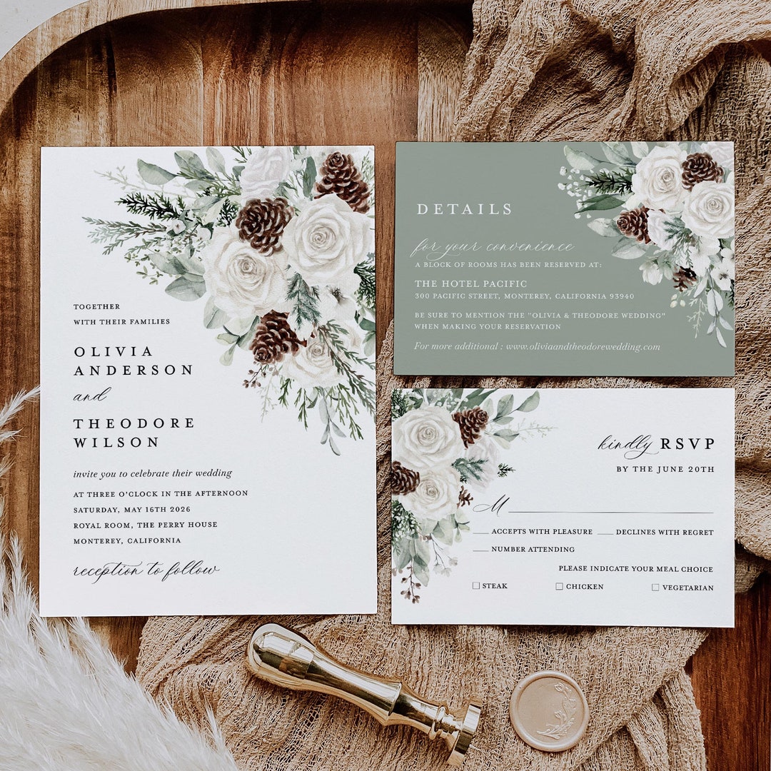 Winter Sage Green Wedding Invitation Template Set, White Floral Wedding ...