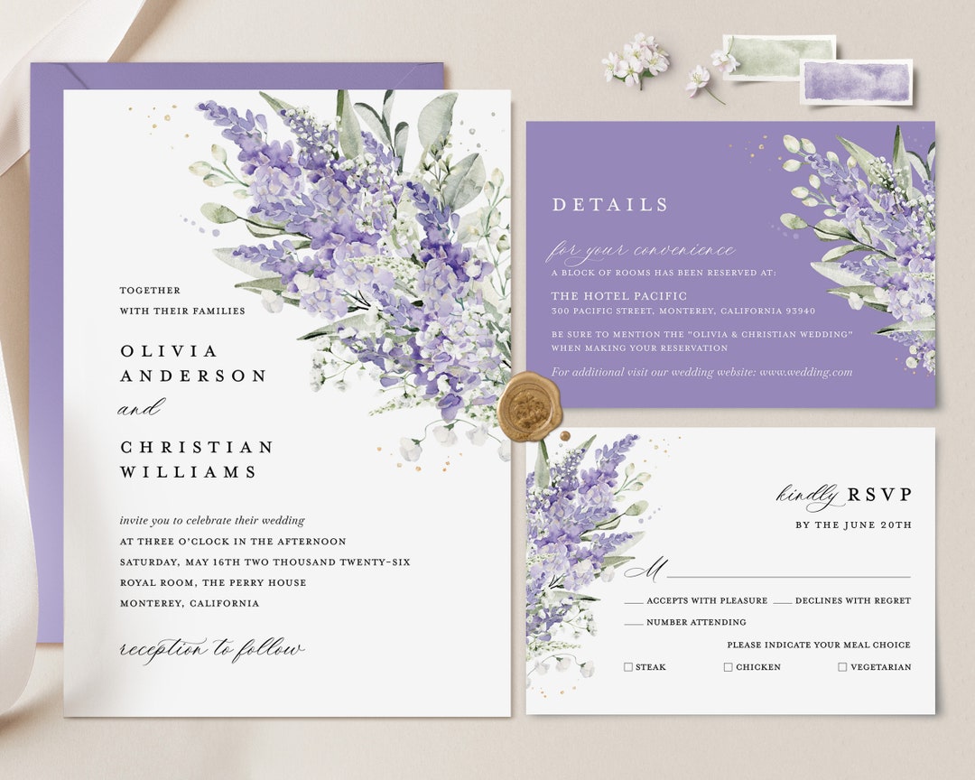 Lavender Wedding Invitation Suite Template, Lilac Invite Set, Sage ...