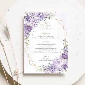 Lavender Wedding Menu Cards Template, Lilac Gold Reception Menu ...