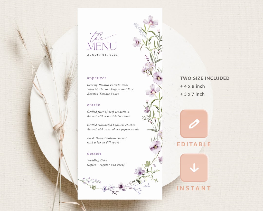 Boho Lavender Menu Template, Bridal Shower Wedding Menu Cards, Floral ...
