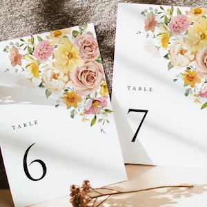 Colorful Pastel Wedding Table Numbers Card Template, Floral Pink Yellow ...