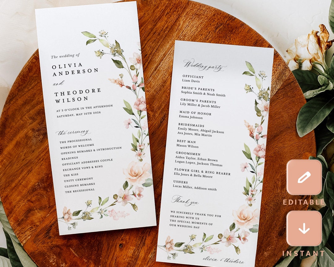 Blush Pink Wedding Programs Template, Ceremony Boho Floral Program ...