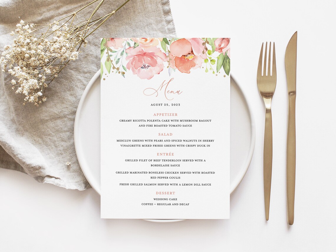Blush Pink Wedding Menu Template, Rose Gold Wedding Menu, Floral ...