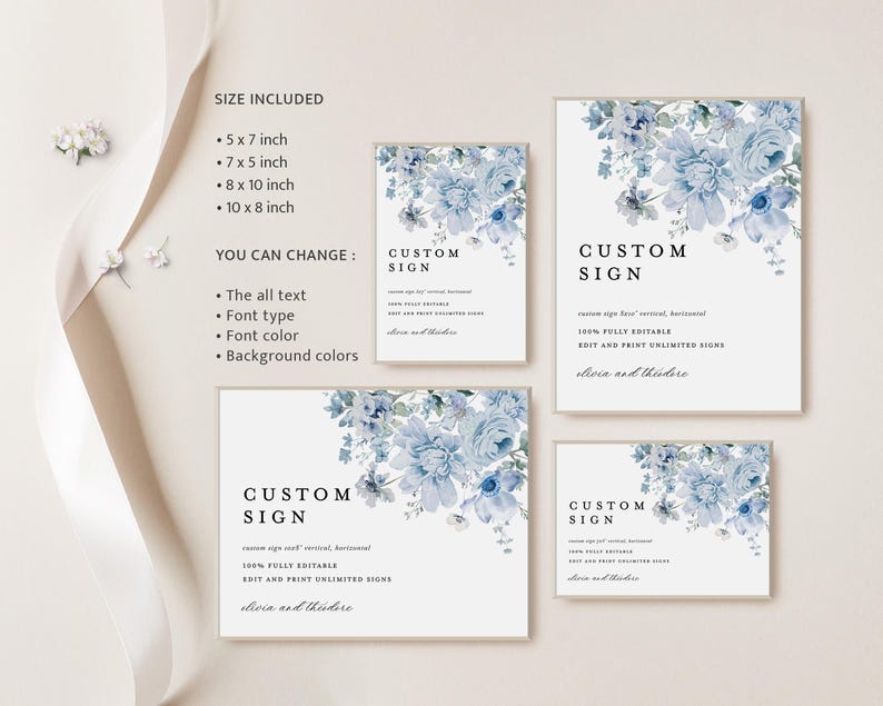 Dusty Blue Custom Wedding Sign Template, Floral Reception Table Decor ...