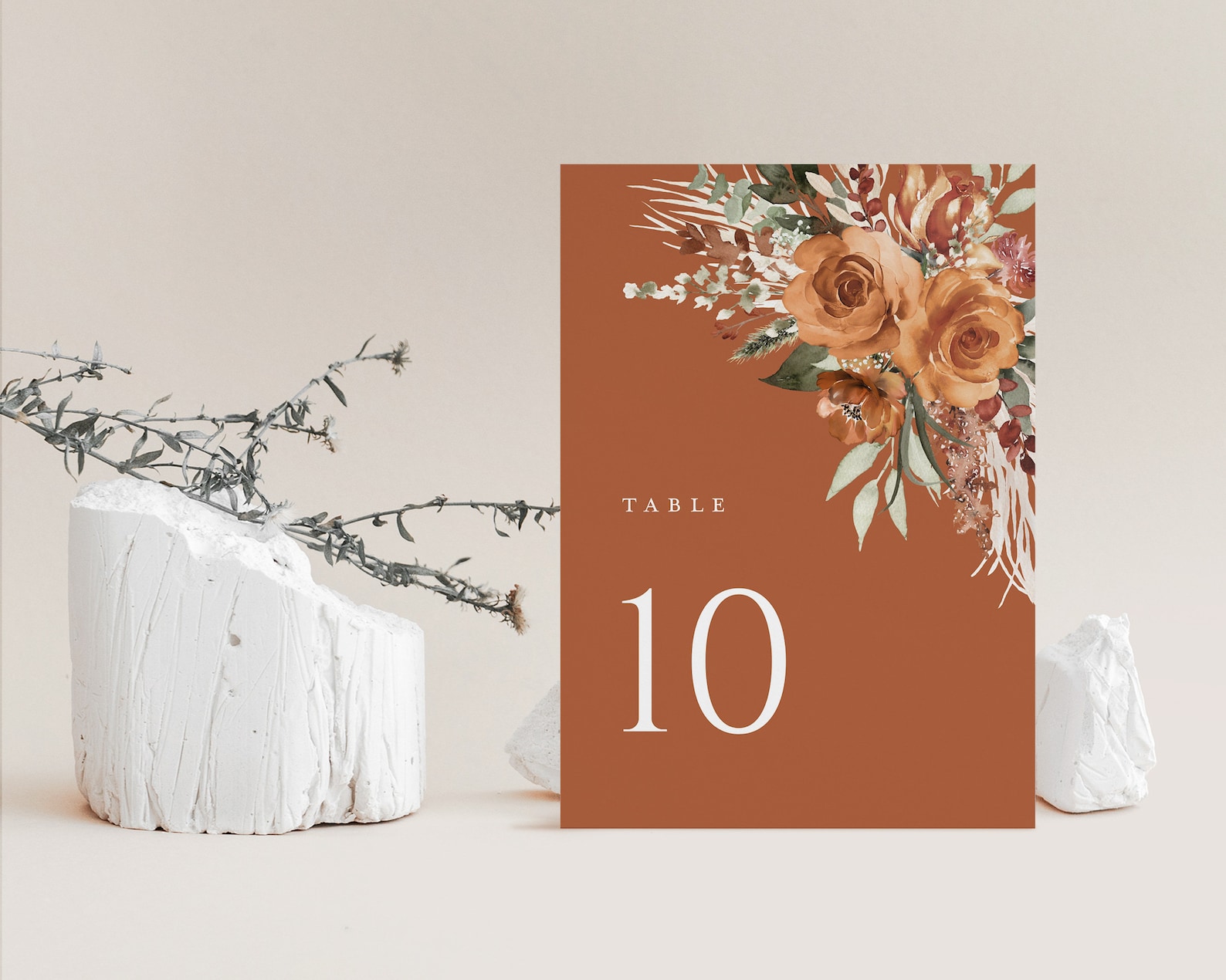 Boho Terracotta Wedding Table Numbers Card Template, Floral Modern ...