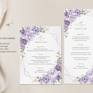 Lavender Wedding Menu Cards Template, Lilac Gold Reception Menu ...