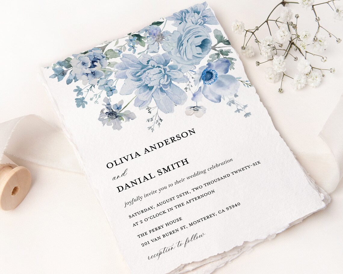 Dusty Blue Wedding Invitation Template Steel Blue Floral - Etsy