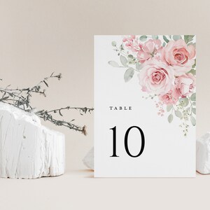 Blush Pink Wedding Table Numbers Card Template, Floral Sage Table ...