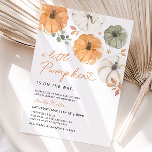 Little Pumpkin Baby Shower Invitation Template, Editable Invites, Fall ...