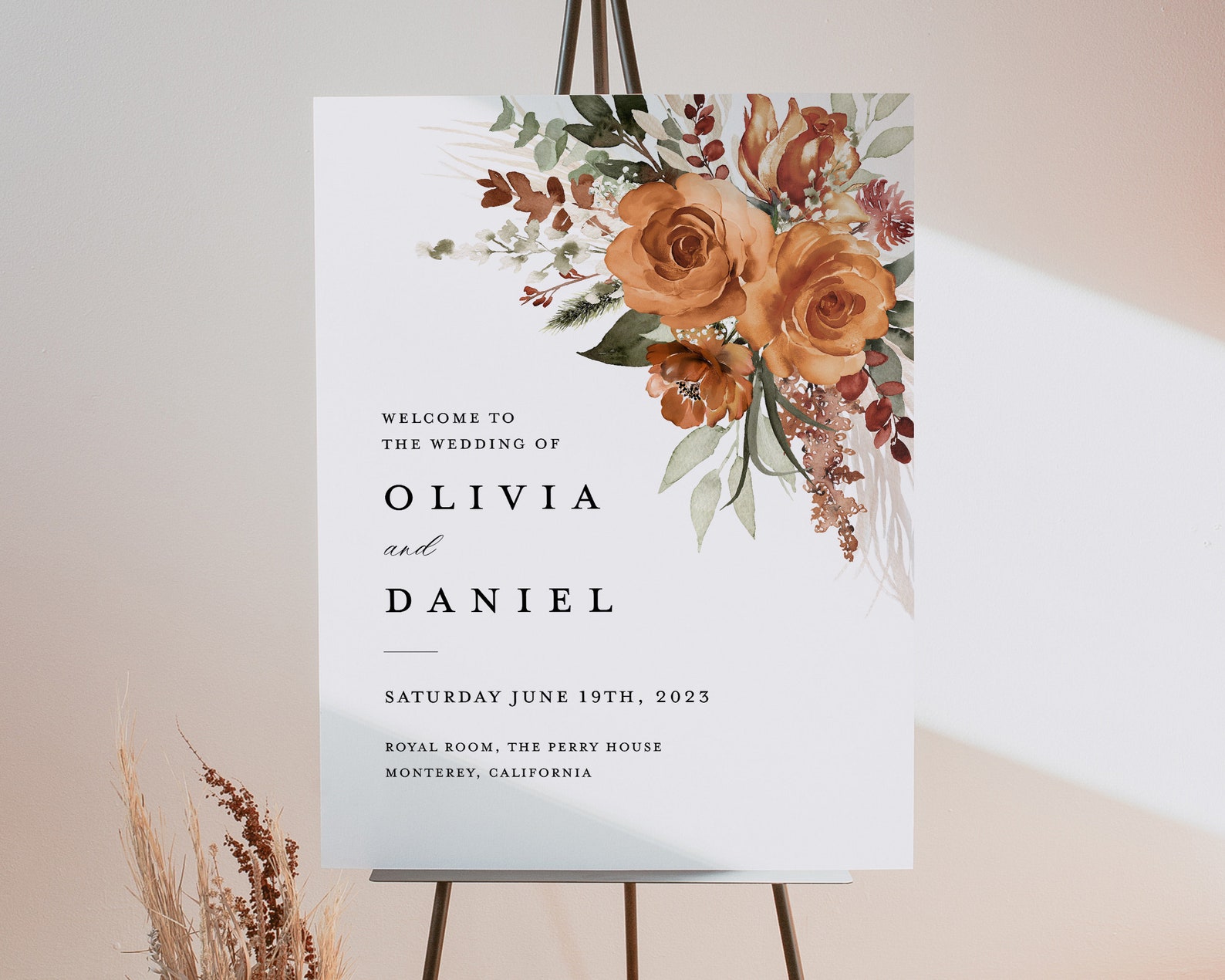 Boho Terracotta Wedding Welcome Sign Template, Floral Burnt Orange Rose ...