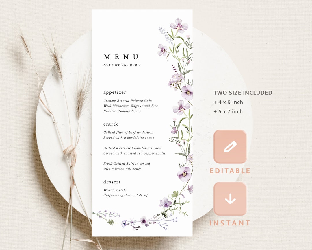 Lavender Wedding Menu Template, Boho Lilac Reception Menu Cards ...