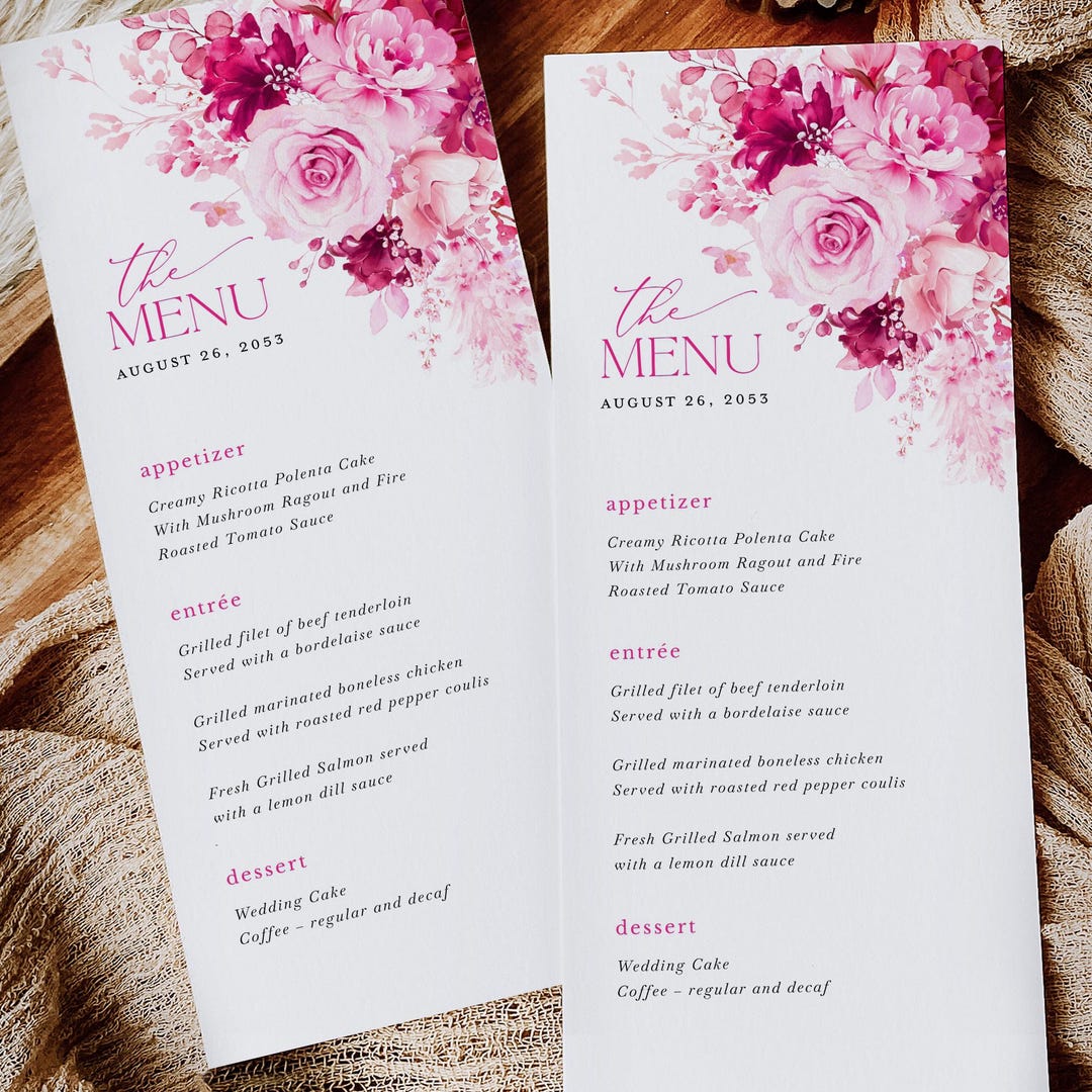 Hot Pink Bridal Shower Menu Cards Template, Floral Wedding Menu ...