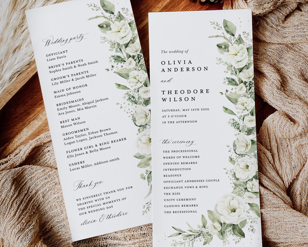 White Floral Wedding Programs Template, Sage Ceremony Program, Boho ...