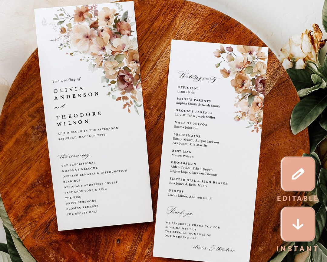 Boho Terracotta Wedding Programs Template, Floral Ceremony Program, Elegant Garden Burnt Orange ...
