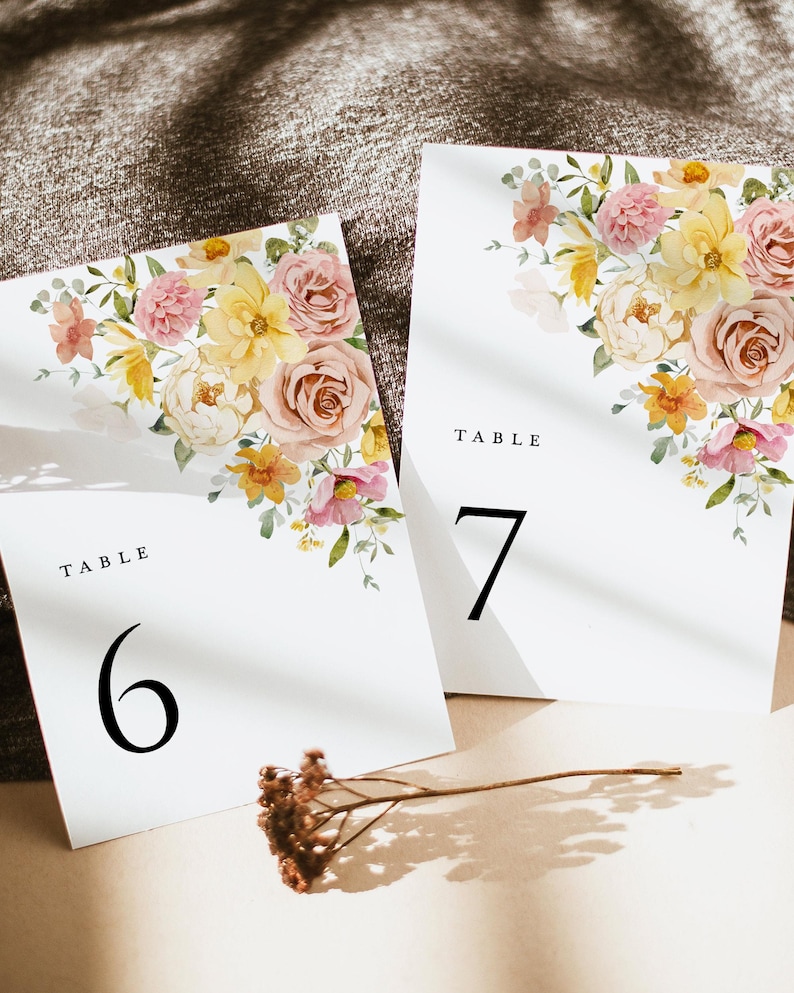 Colorful Pastel Wedding Table Numbers Card Template, Floral Pink Yellow ...