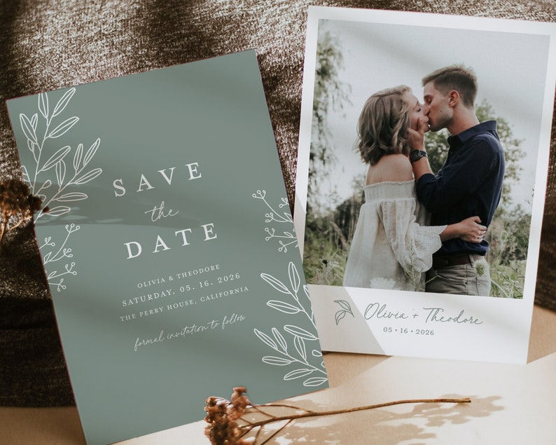 Sage Green Save the Date Template Minimalist Photo Wedding - Etsy