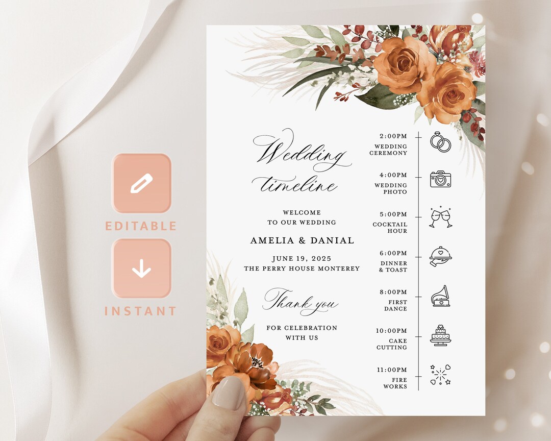 Terracotta Wedding Party Timeline Template, Boho Floral Editable ...