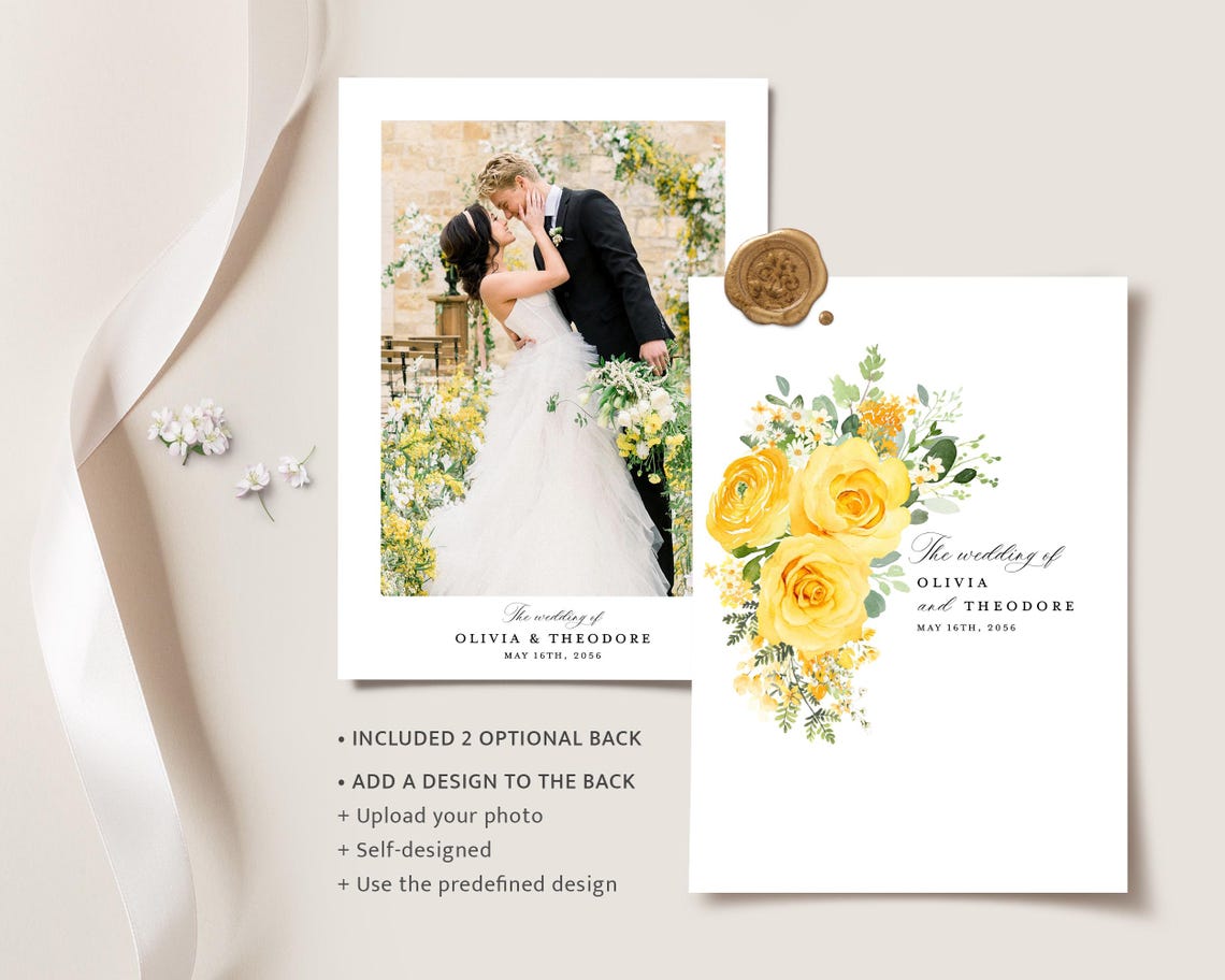 Yellow Floral Wedding Invitation Template Set, Boho Wedding Invites ...