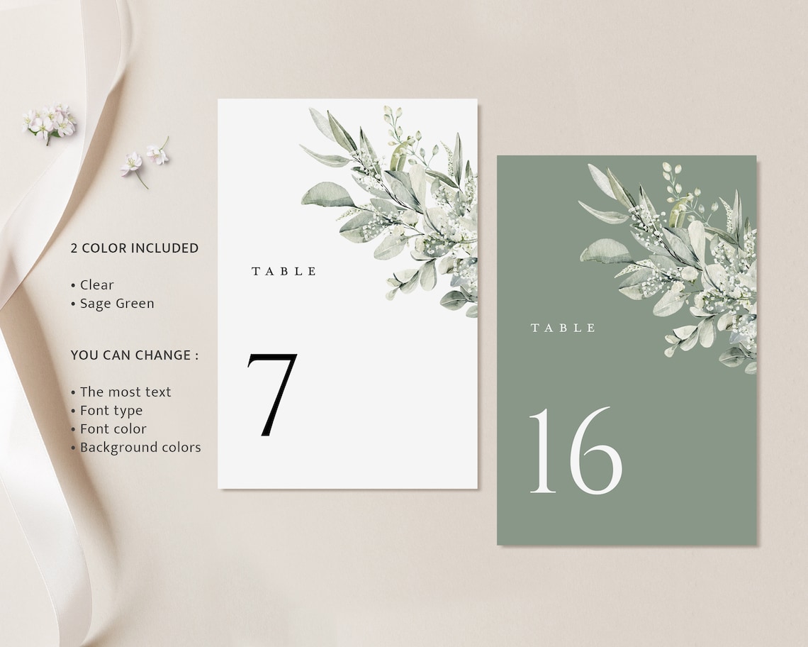 Sage Minimalist Wedding Table Number Template Eucalyptus | Etsy