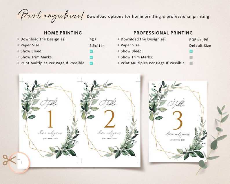 Sage Greenery Wedding Table Numbers Card Template, Gold Botanical Table ...