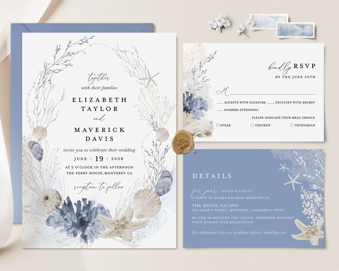 Boho Beach Wedding Invitation Template Set, Ocean Blue Wedding Invite ...