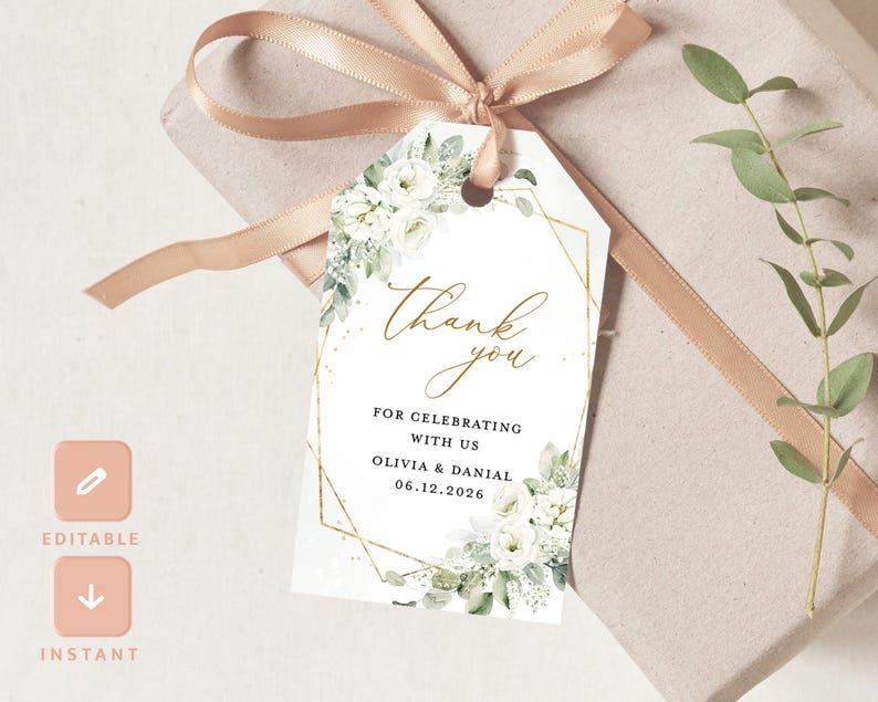 White Floral Wedding Favors Tag Template, Gold Sage Green Thank You ...