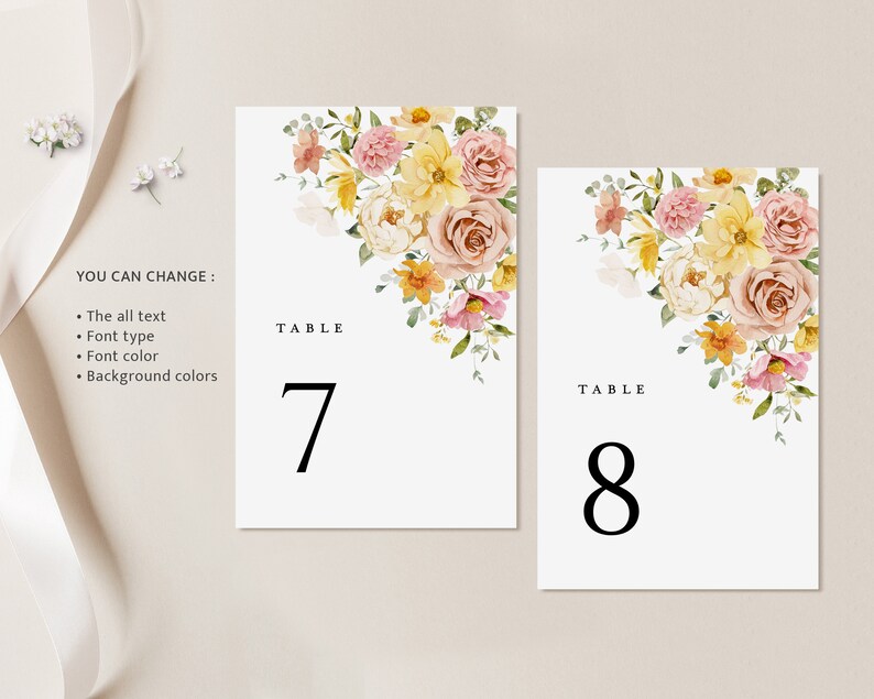 Colorful Pastel Wedding Table Numbers Card Template, Floral Pink Yellow ...