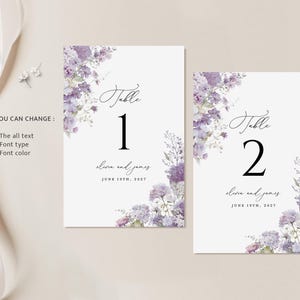 Lavender Lilac Wedding Table Numbers Card Template, Floral Boho Table Numbers, Elegant Purple ...