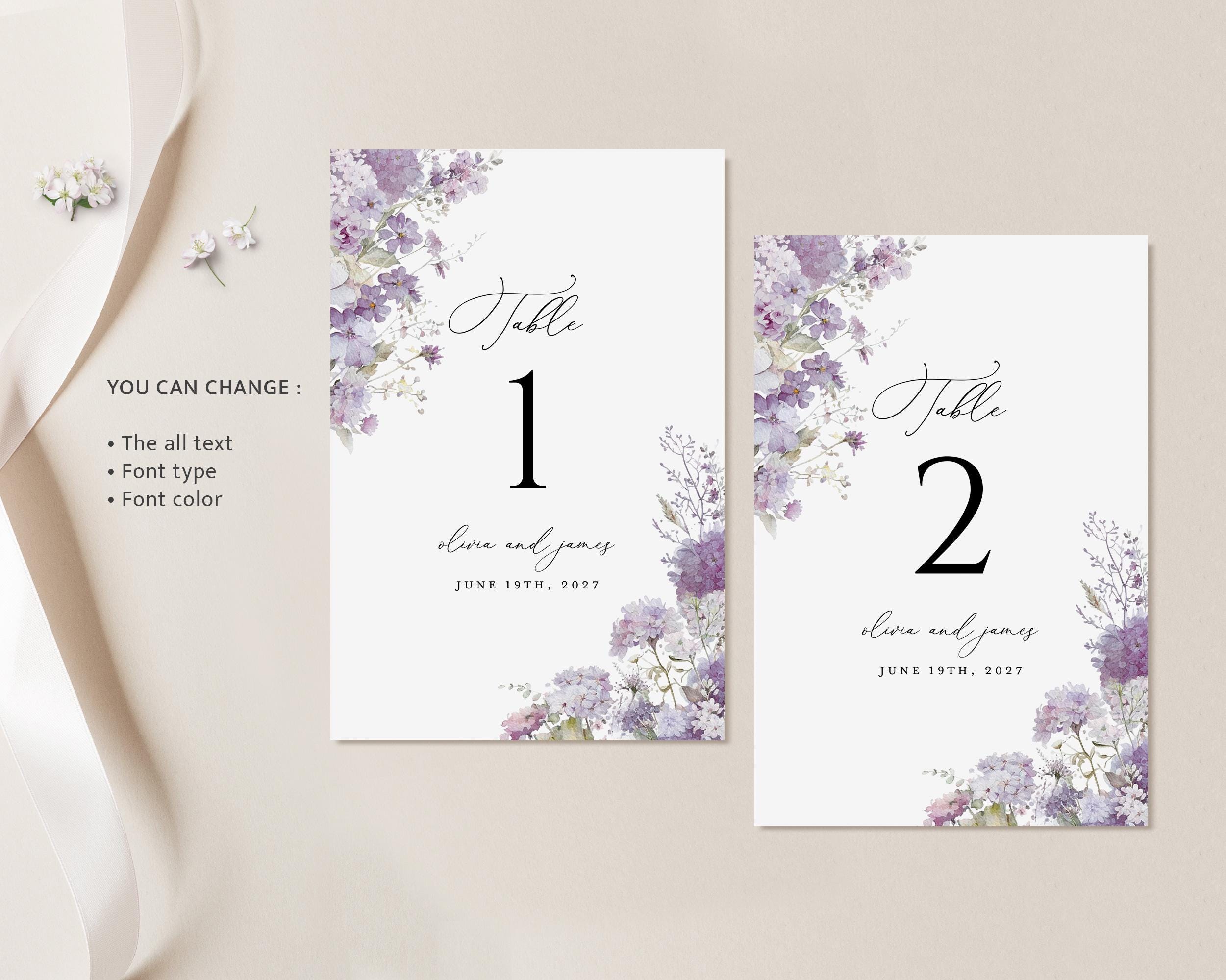 Lavender Lilac Wedding Table Numbers Card Template, Floral Boho Table ...