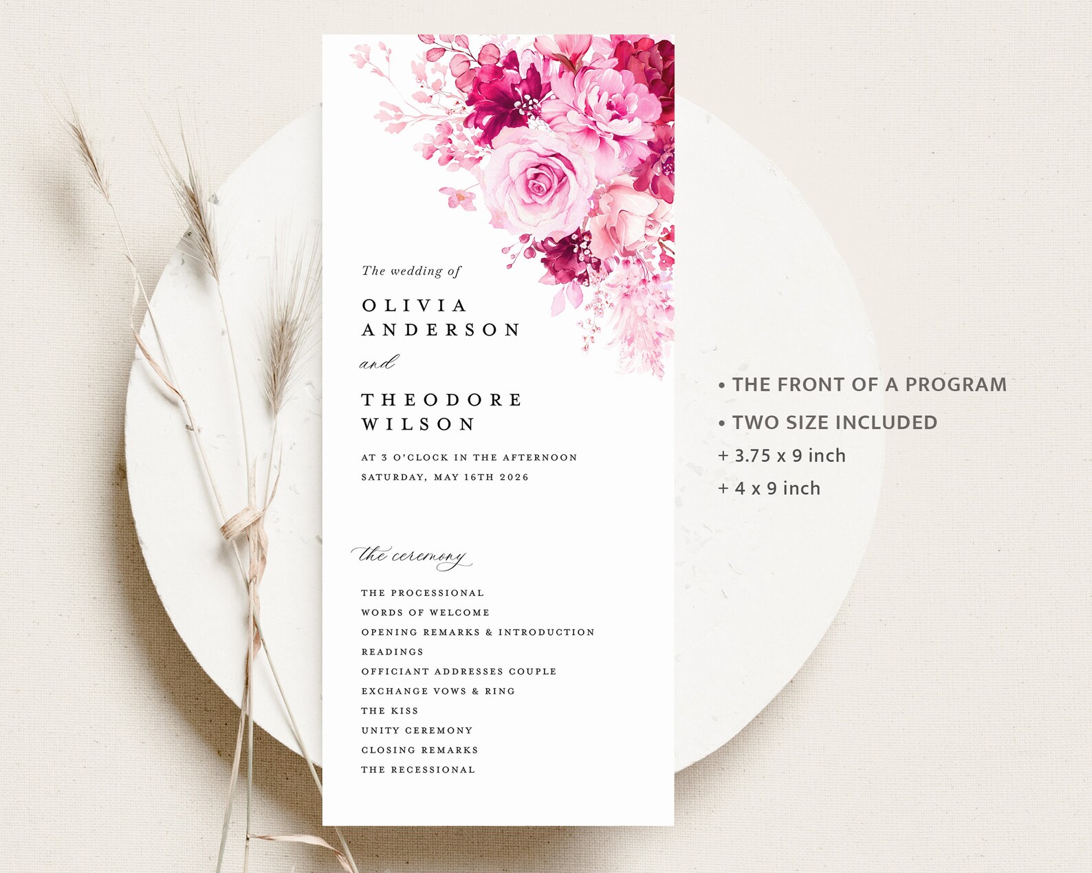 Hot Pink Wedding Programs Template, Floral Ceremony Program, Elegant ...