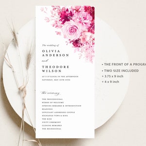Hot Pink Wedding Programs Template, Floral Ceremony Program, Elegant ...