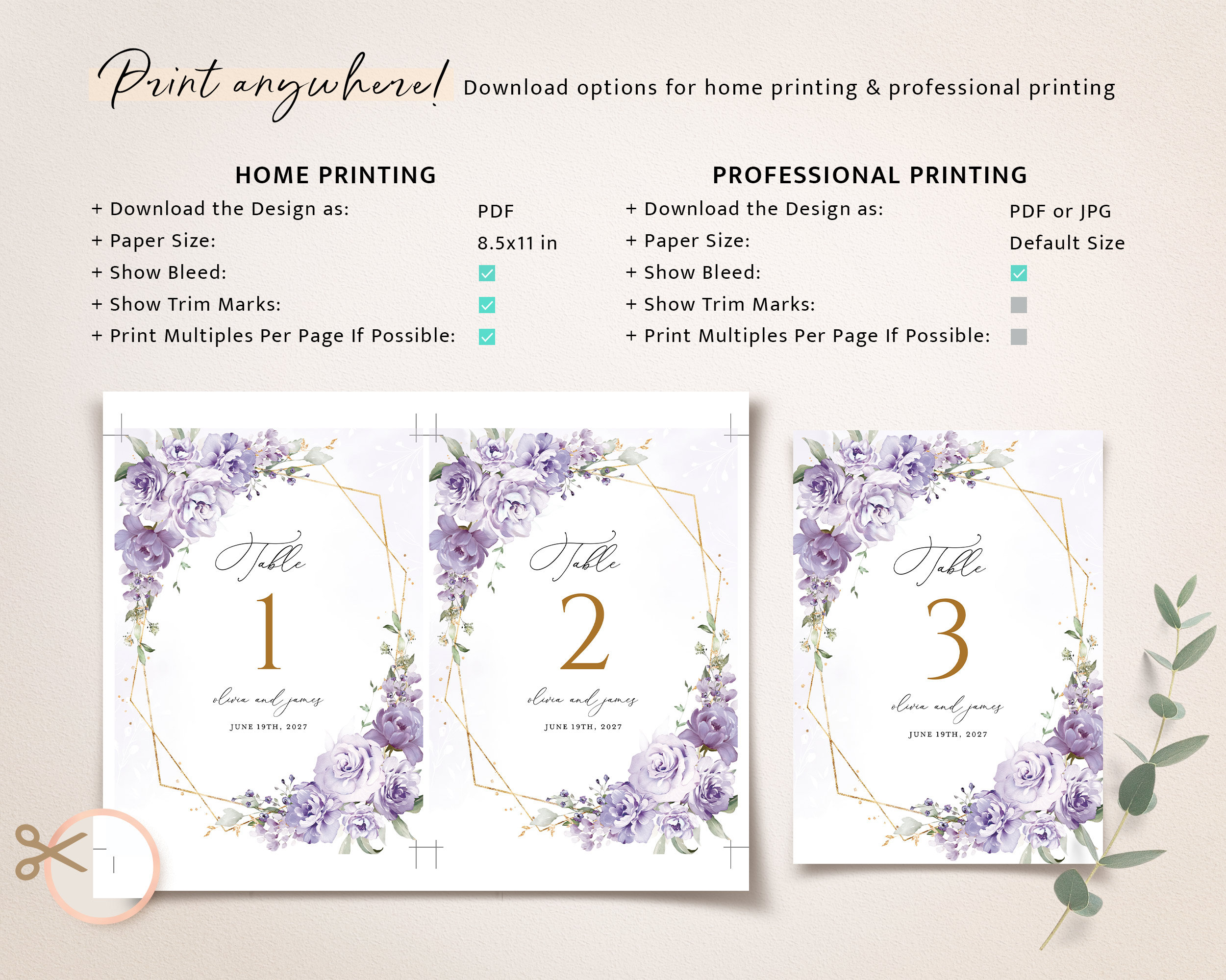 Lavender Floral Wedding Table Number Card Template, Lilac Gold Table ...
