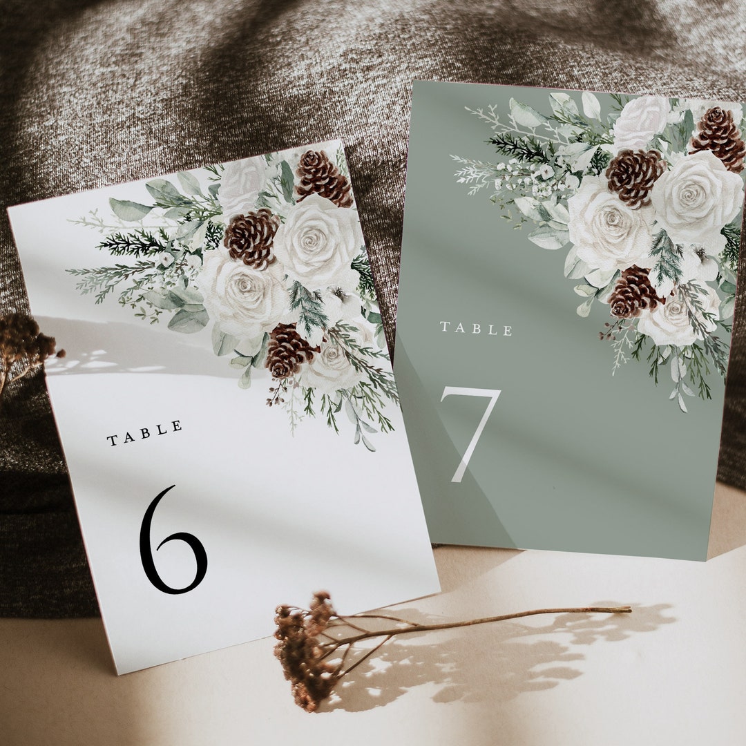 Winter Sage Green Wedding Table Numbers Card Template, Boho Floral ...