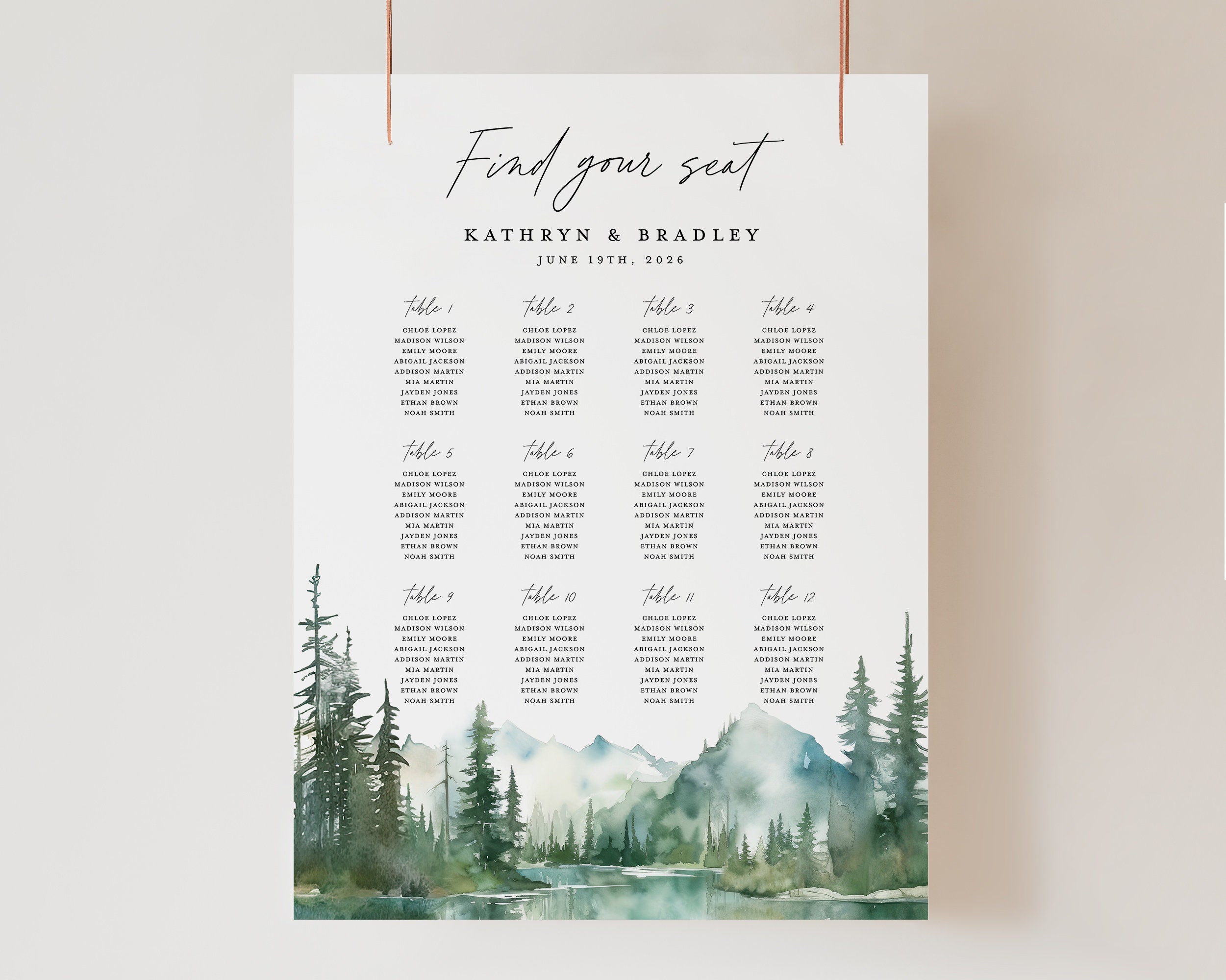Mountain Wedding Seating Chart Sign Template, Lake Woodland Forest ...
