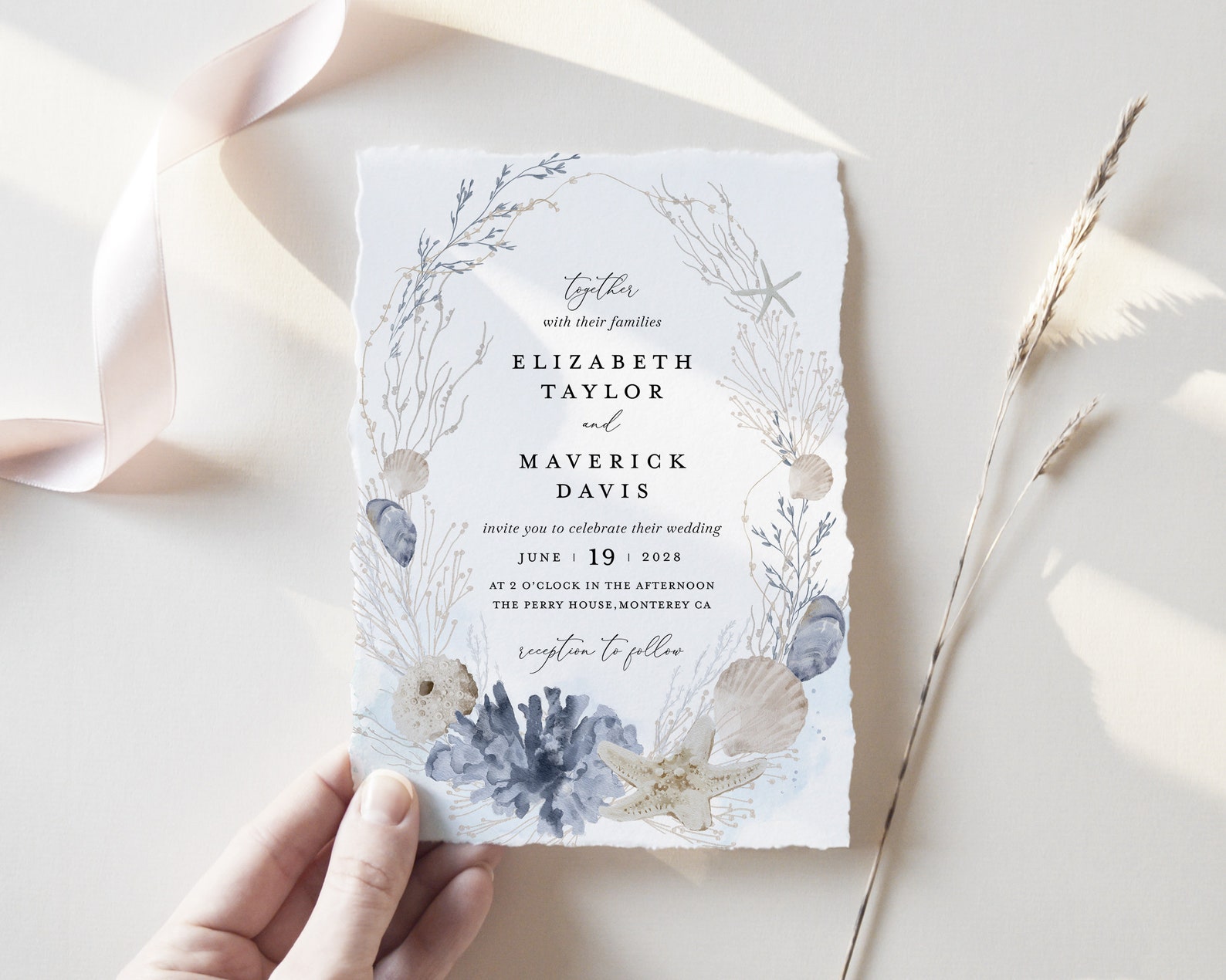 Boho Ocean Wedding Invitation Template, Beach Blue Wedding Invites ...