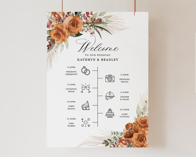 Terracotta Wedding Timeline Welcome Sign Template, Boho Floral Program ...