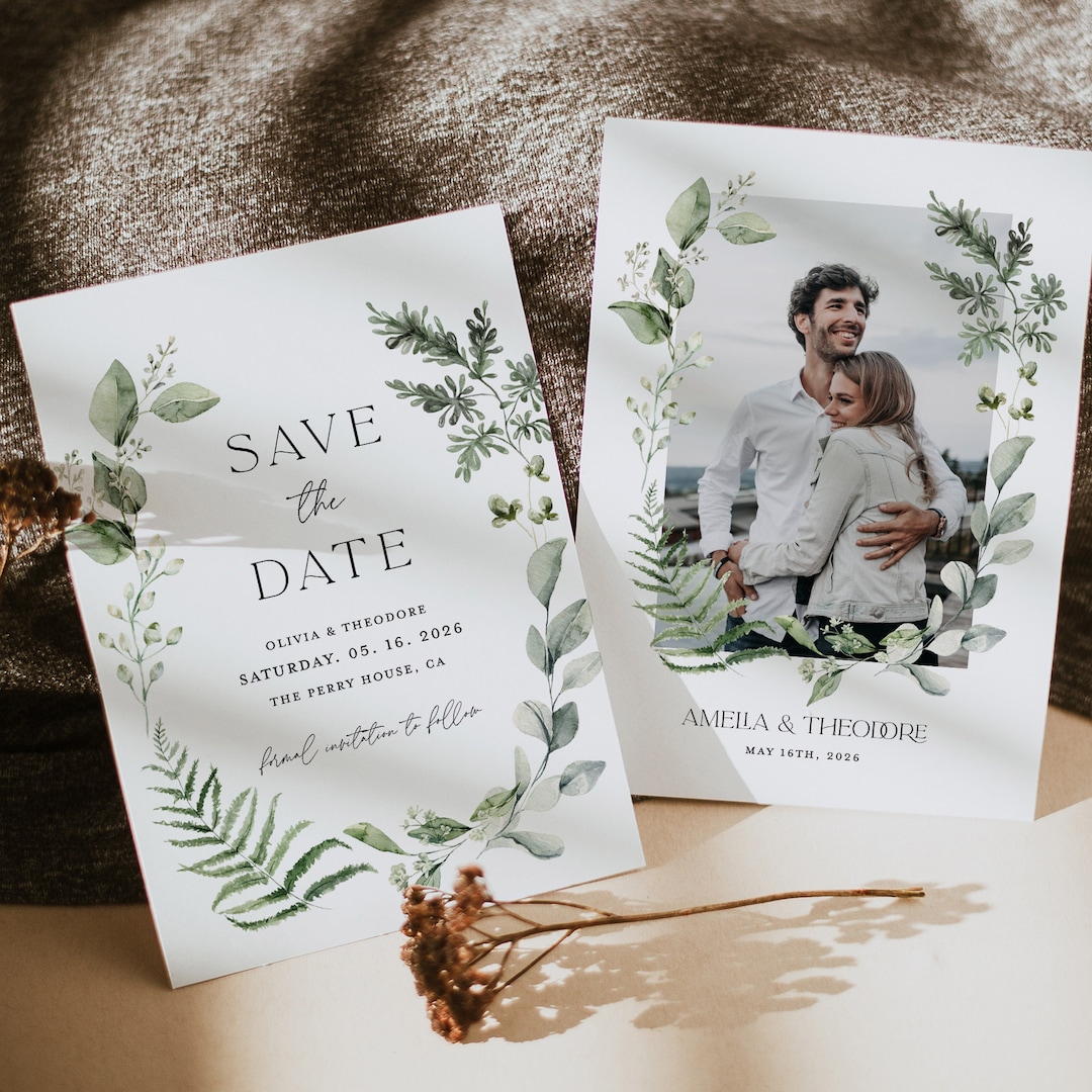 Sage Green Save the Date Cards Template, Photo Greenery Wedding Save ...