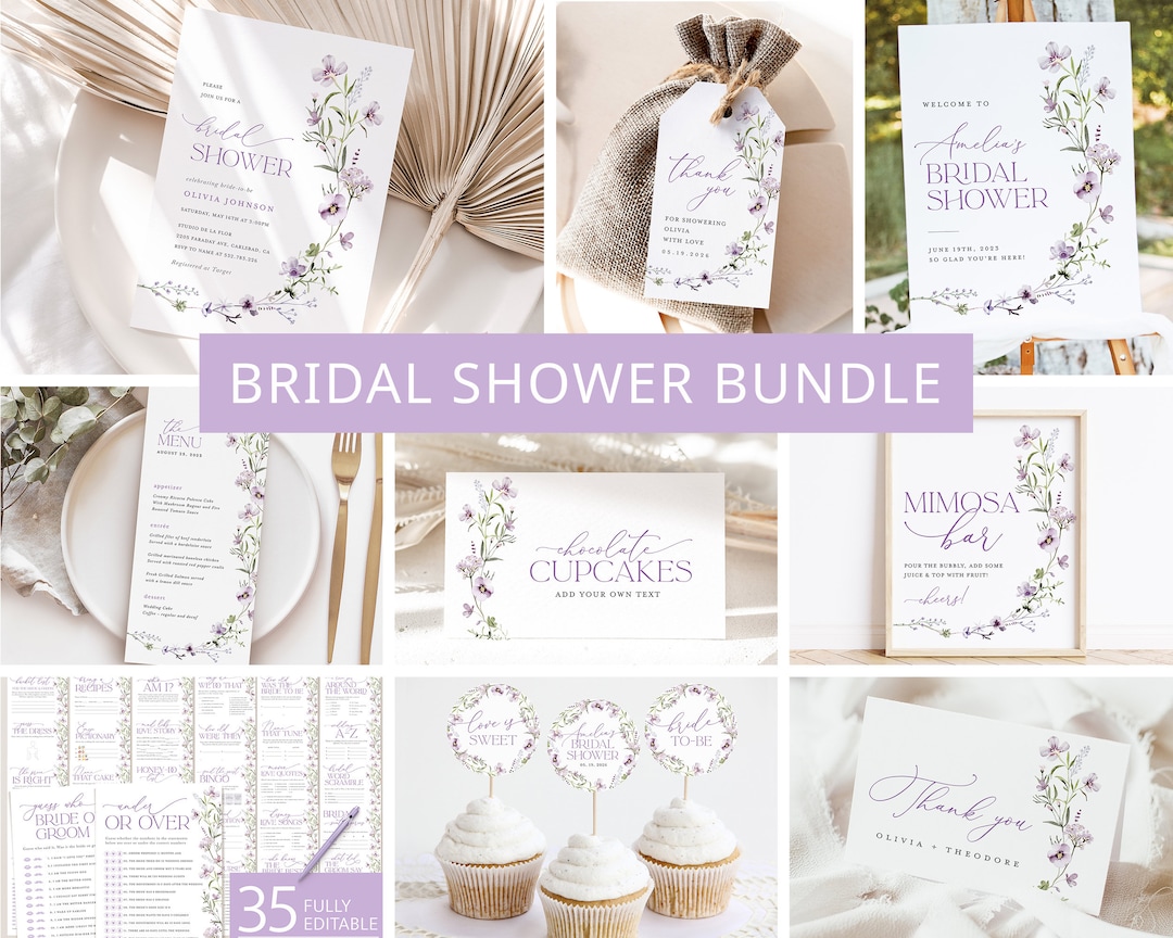 Floral Bridal Shower Invitation Bundle, Printable Lilac Lavender Shower ...
