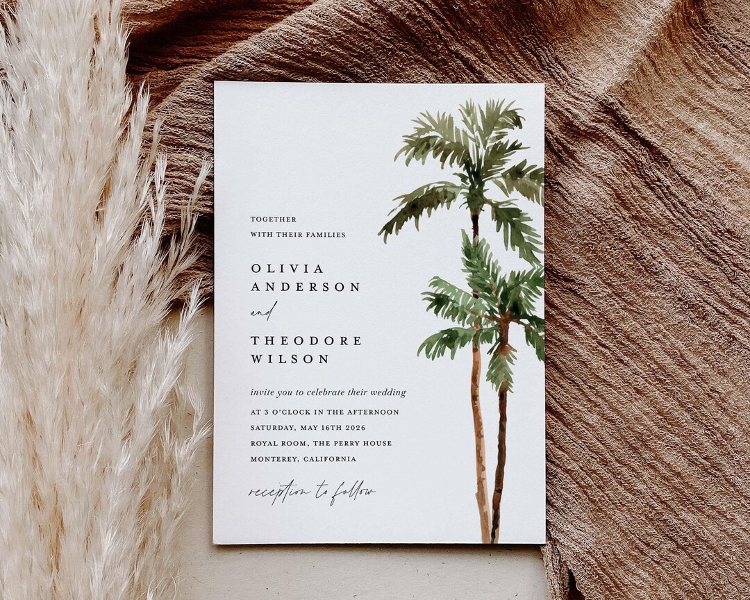 Palm Tree Wedding Invitation Template, Destination Beach Tropical ...