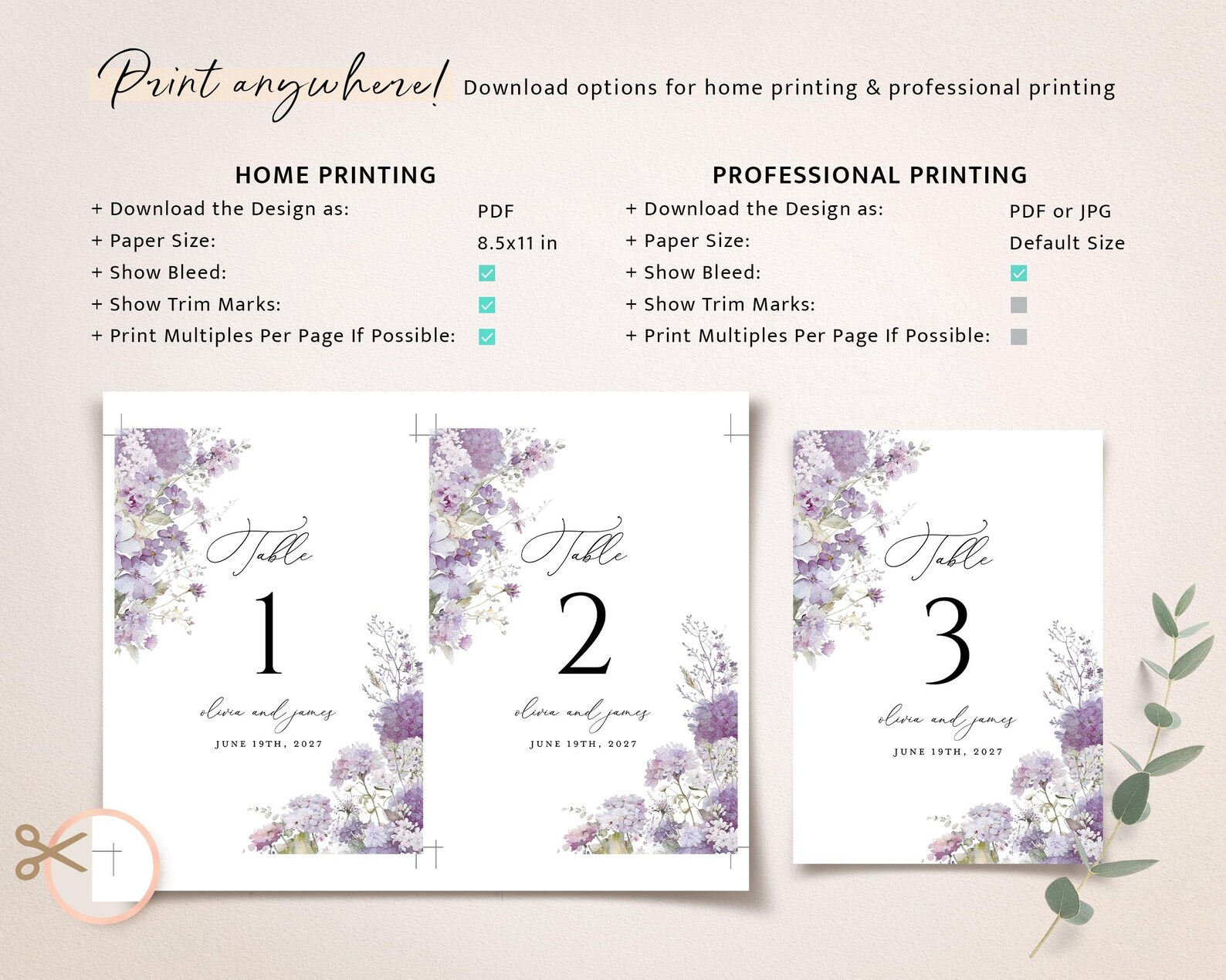Lavender Lilac Wedding Table Numbers Card Template, Floral Boho Table ...