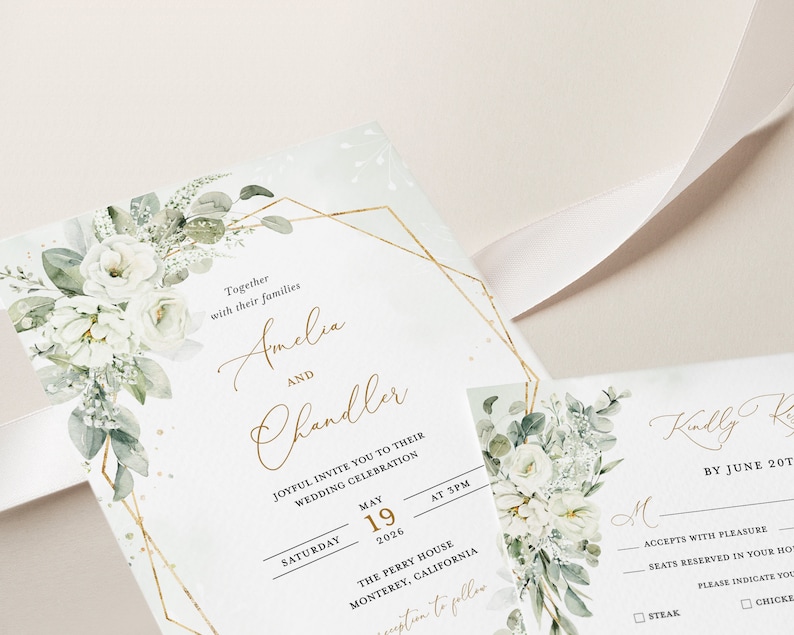 Sage Green Wedding Invitation Template, Gold and White Floral Wedding ...