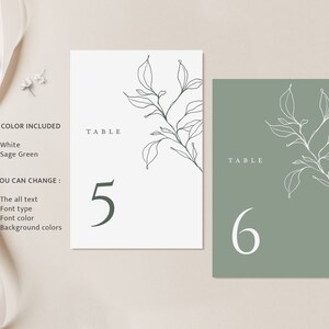 Sage Green Minimalist Wedding Table Numbers Card Template, Botanical ...