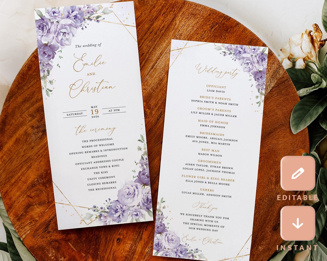 Lavender Wedding Programs Template, Ceremony Lilac Floral Program ...