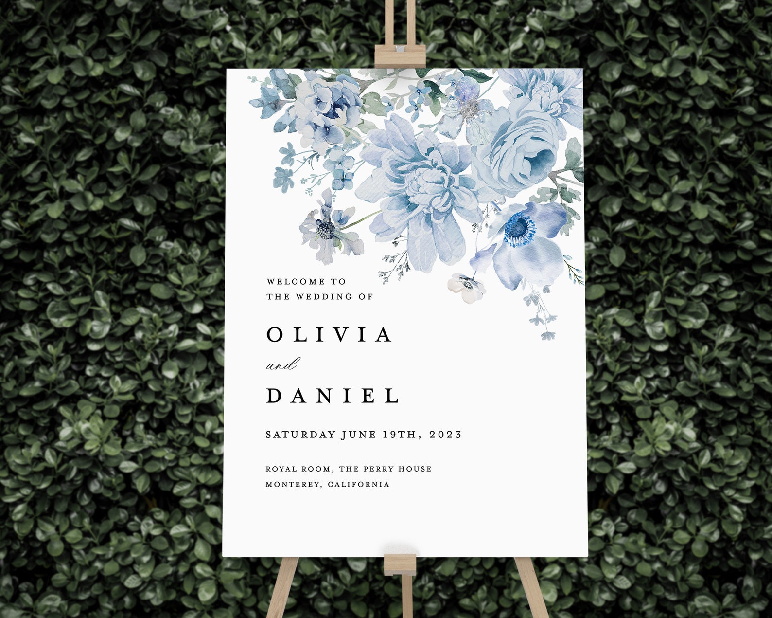 Dusty Blue Wedding Welcome Sign Template, Floral Modern Editable Sign ...