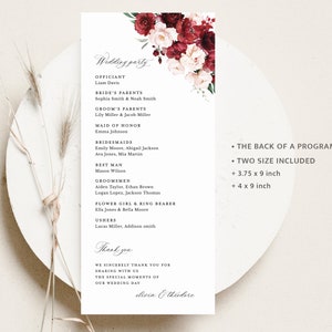 Burgundy Blush Wedding Programs Template, Ceremony Program Boho Marsala Floral, Elegant Rose ...