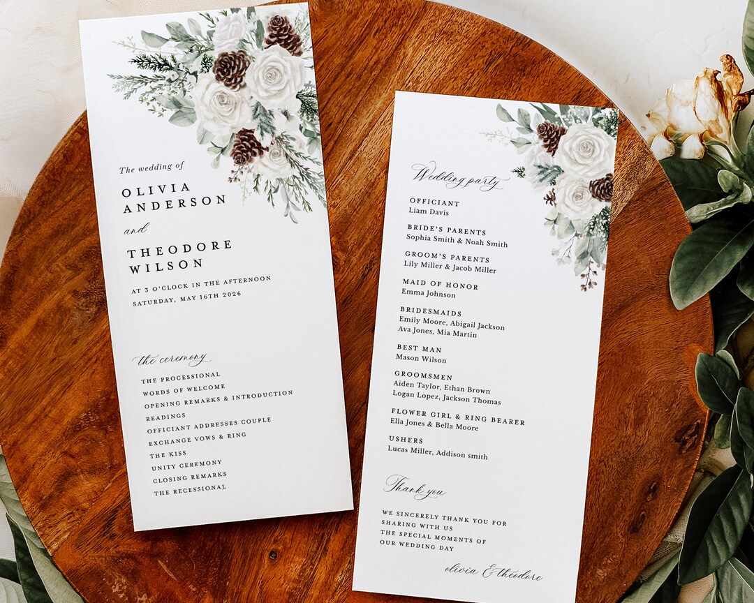 Sage Green Wedding Programs Template, Winter Ceremony Program, White ...