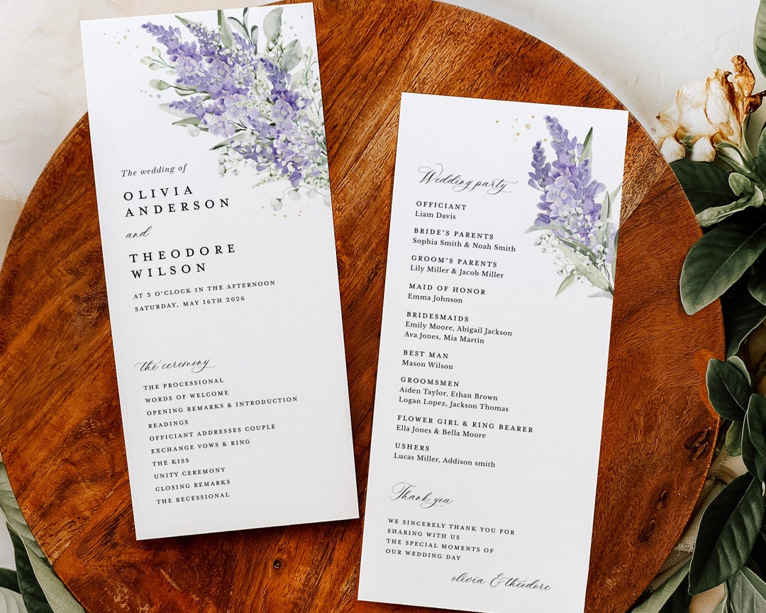 Lavender Wedding Programs Template, Lilac Boho Ceremony Program, Floral ...