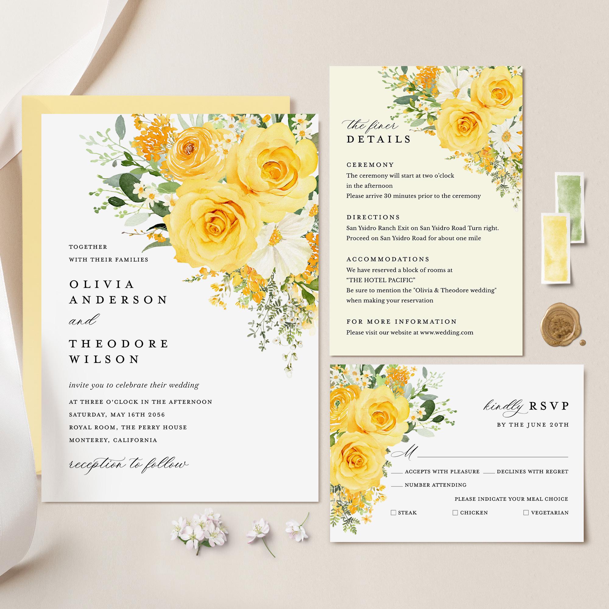 Yellow Floral Wedding Invitation Template Set, Boho Wedding Invites ...