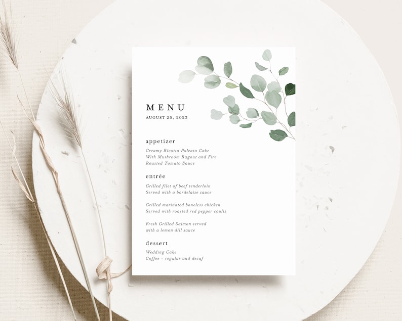 Sage Green Rustic Wedding Menu Template Eucalyptus Minimal - Etsy