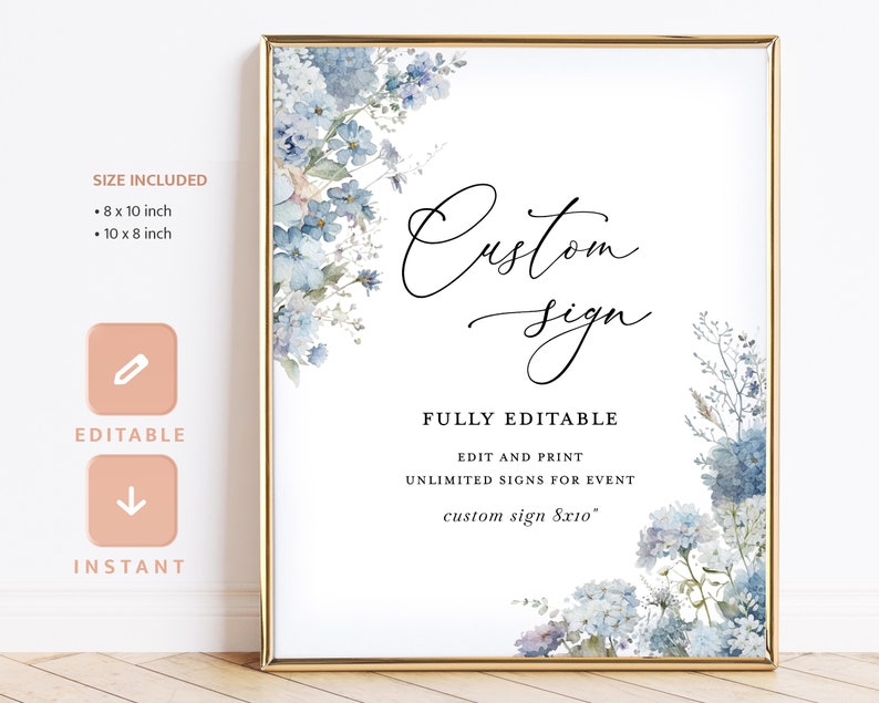 Dusty Blue Custom Wedding Sign Template, Boho Floral Reception Table ...